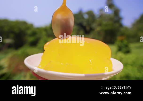 Fresh Citrus Dessert, Hand Holding Spoon Scooping Yellow Jelly on White ...