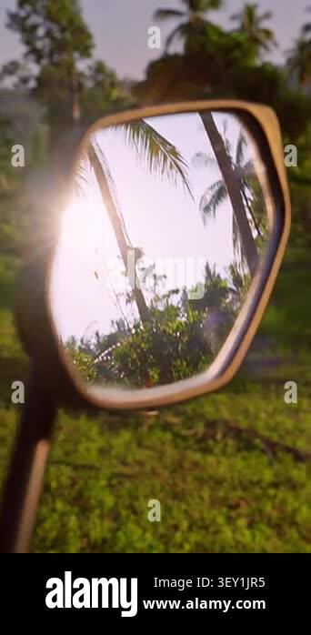 Vertical video. Scooter Mirror Reflecting Bright Sunlight and Palm ...