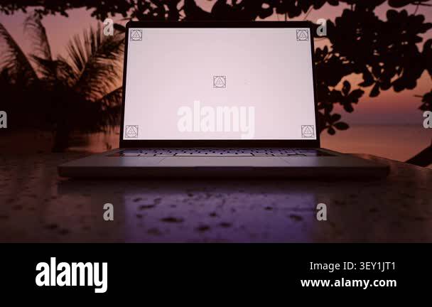 Close View Of Hand Lowering Laptop Screen With White Mockup Display On ...