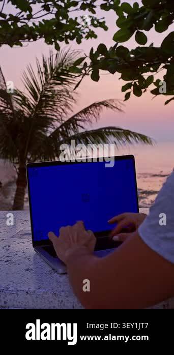Vertical video. Laptop with Blue Screen Mockup Template and Palm Trees ...