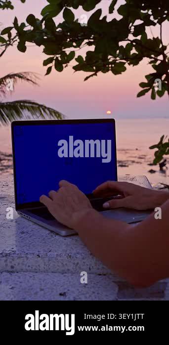 Vertical video. Close View of Laptop with Blue Screen Mockup Template ...
