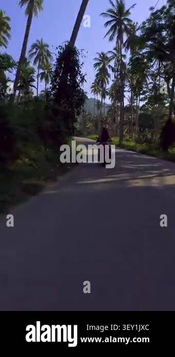 Vertical video. Drone Following Behind Young Woman Riding Scooter Along ...