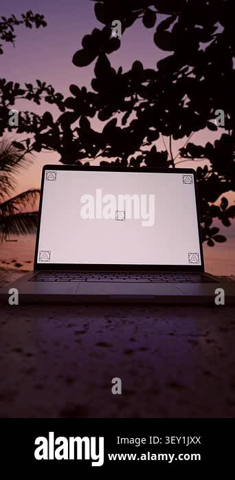 Vertical video. Laptop with Bright White Screen Mockup in Dark ...