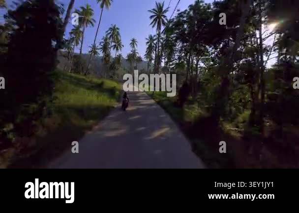 Aerial Drone Following Young Woman Riding Scooter Along Curving ...