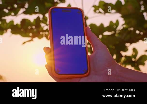 Hand Holding Smartphone with Blank Screen and Sun Flare at Sunset with ...
