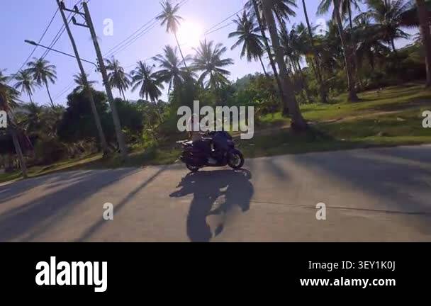 Close Side View of Young Woman Riding Scooter With Sunlight and Palm ...