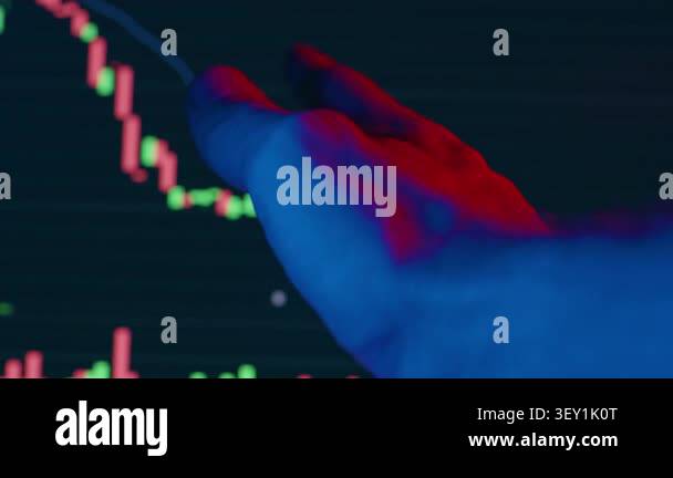Hand Pointing at Downward Candle Chart on Large Monitor, Close Up ...