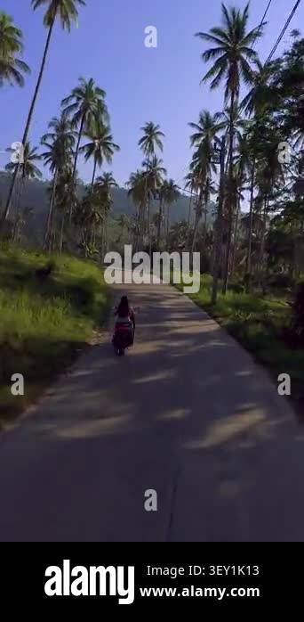Vertical video. Aerial Drone Following Young Woman Riding Scooter Along ...