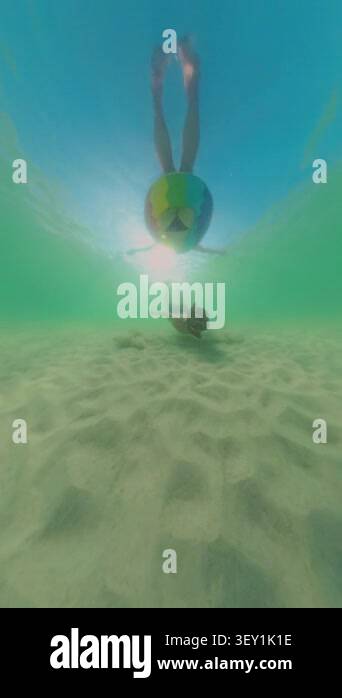 Vertical video. Underwater Scene Diver Swimming Along Sandy Bottom ...