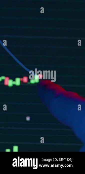 Vertical video. Hand Touching Bottom of Falling Candle Chart on Monitor ...