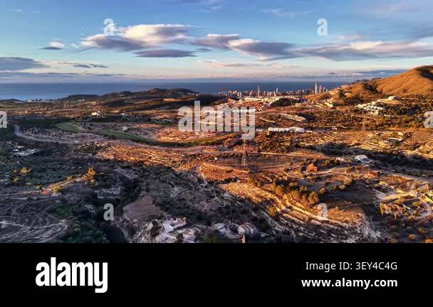 Sunset aerial panorama coastal hills skyline, drone survey for ...
