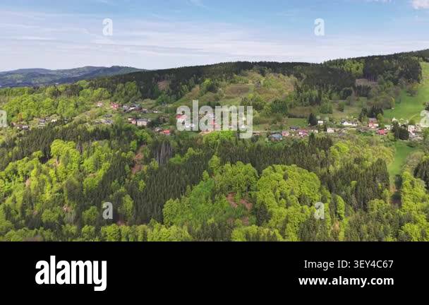 Aerial view village nestled in dense forest with red roofs, clearings ...