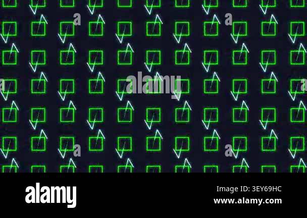 Seamless pattern of glowing neon shapes in green and white, arranged in ...