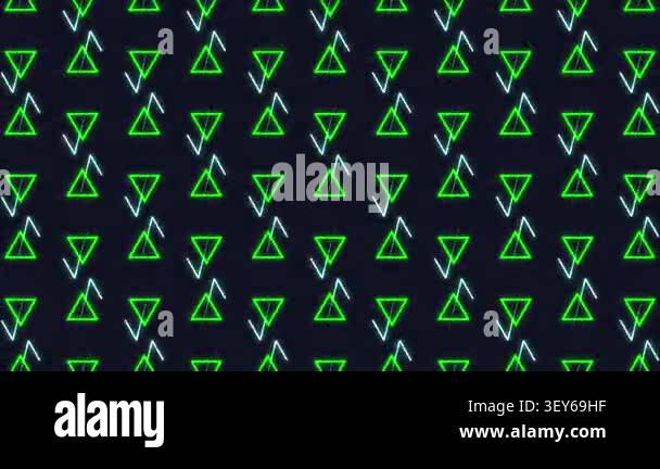 Seamless pattern of glowing neon shapes in green and white, arranged in ...