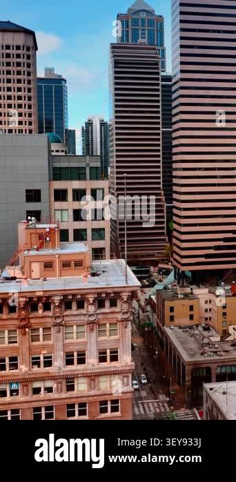 Old-fashioned buildings and modern skyscrapers in the downtown of ...