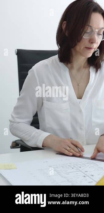 Female architect in office carefully drawing blueprint for new ...
