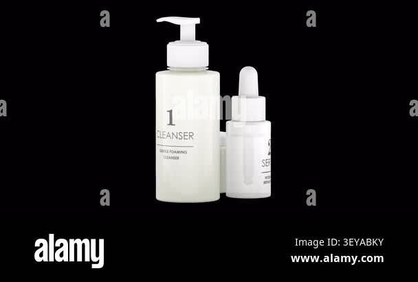 Cleanser, serum and cream skincare set rotation animation seamlessly ...
