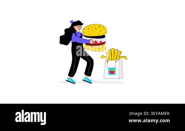 A woman carrying burger and fries, girl delivery food animated vector ...