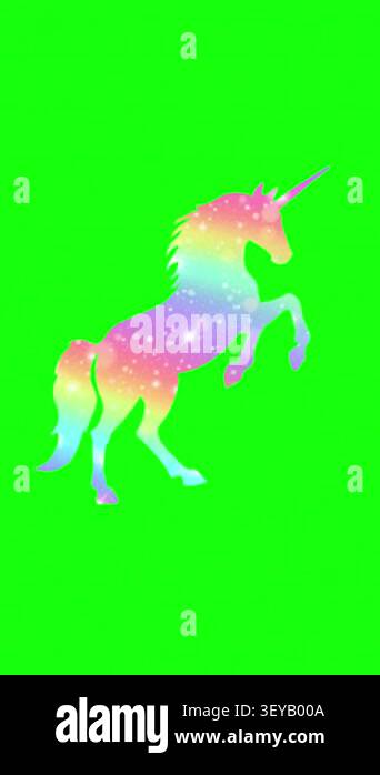 Rainbow unicorn silhouette galloping on chroma key green background ...