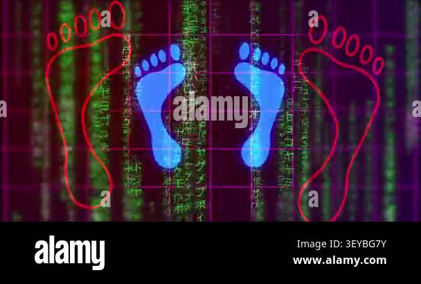 Glowing human digital footprints on falling matrix rain. Futuristic ...