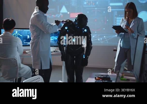 In a lab, scientists collaborate on an advanced robot, blending ...