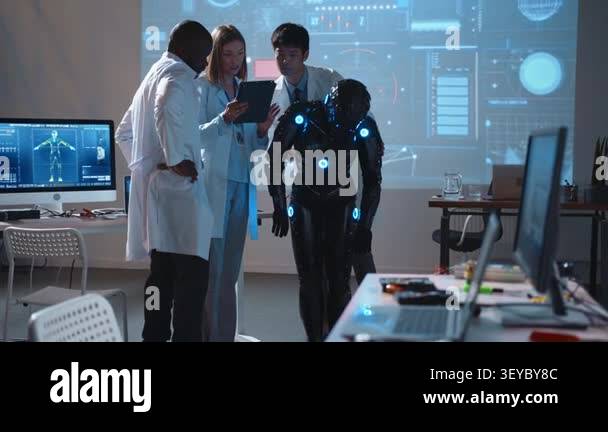 In a hightech lab, scientists collaborate to develop an advanced robot ...