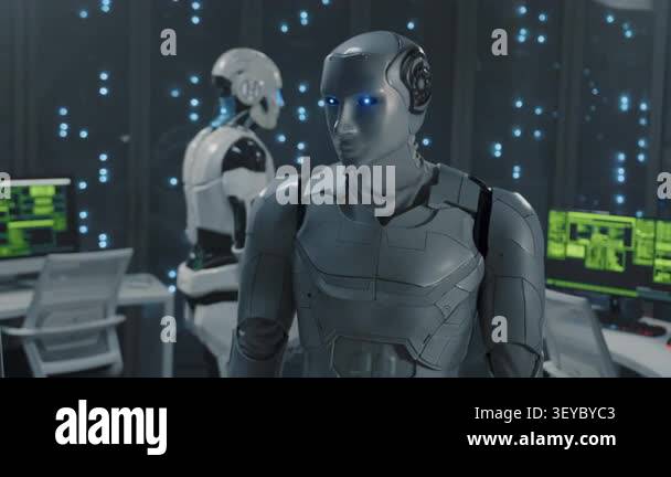 In a dim room, two robots interact silently. One, with glowing blue ...