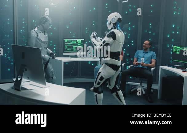 In a futuristic setting, a man interacts with advanced tech at a ...