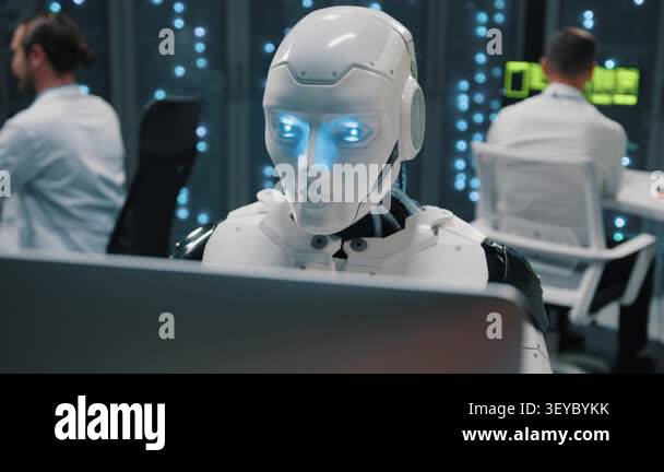 Futuristic robot typing computer keyboard cloud computing webhosting ...