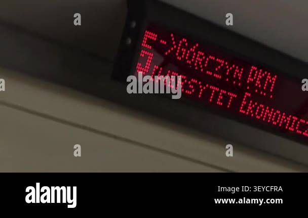 Red led display showing route information inside a public transport ...
