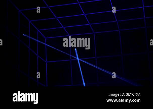 Abstract purple and blue neon grid in a futuristic 3d room with glowing ...
