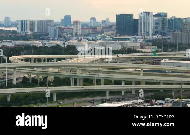 Massive highway intersection in American city area. Stacked elevated ...
