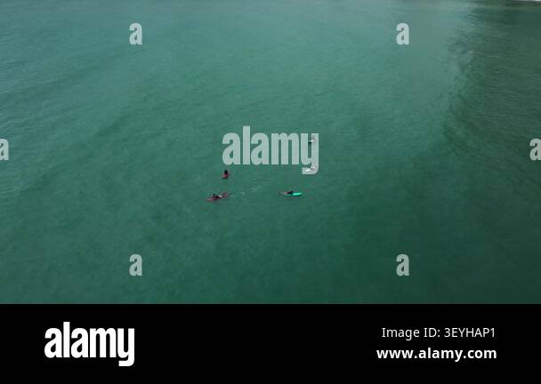 Drone shot of surfers resting on surfboards in Vietnam ocean before ...