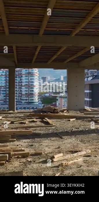 Detailed overhead view highlights organization and stage of building ...