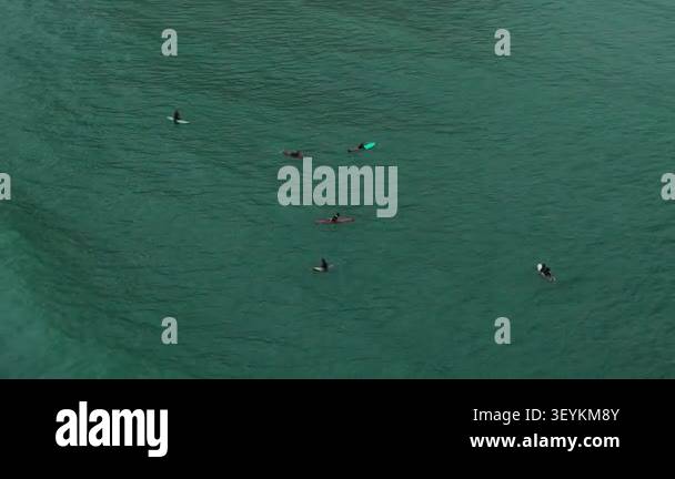 Drone shot of surfers sitting on boards in open sea in Vietnam Stock ...