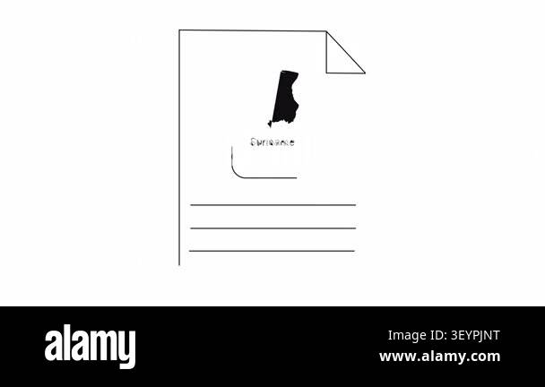 A simple line drawing shows the outline of Suriname on a document and a ...