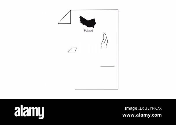 A simple line drawing of a document featuring a map of Poland, two ...