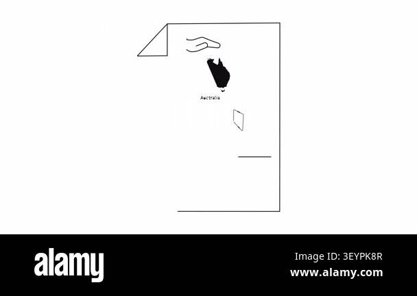 A simple line drawing of a document featuring a map of Australia, two ...
