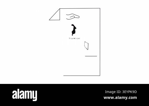 A simple line drawing of a document featuring a map of Mozambique, two ...