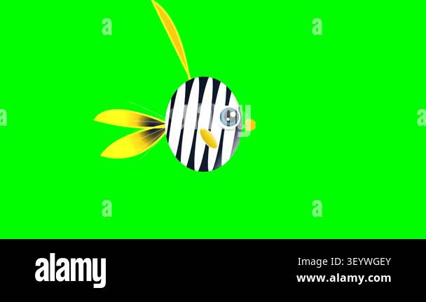 3 d illustration of a cute striped cartoon fish with a green leaf Stock ...