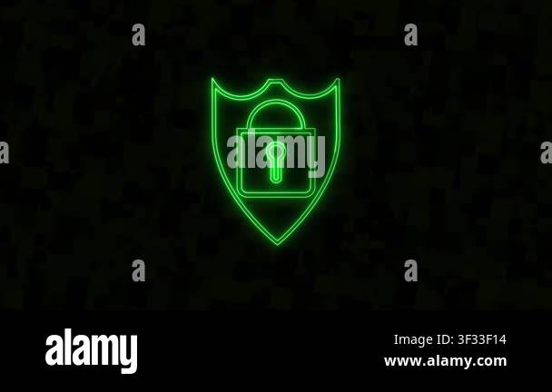 Green neon shield with lock symbol glowing on dark animated background ...