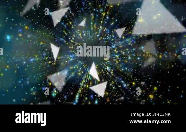 Opening dark void sending yellow and blue points while white triangles ...