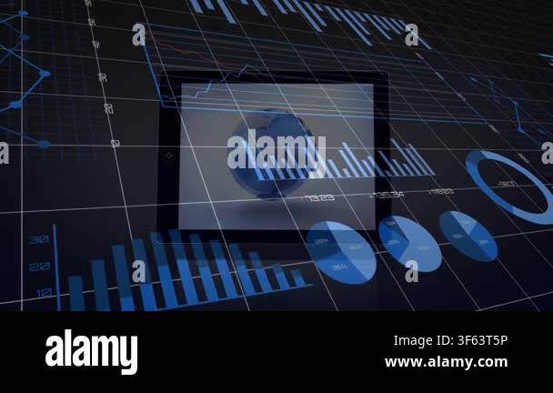 Rotating tablet showing shifting globe, charting bar pie line data in ...
