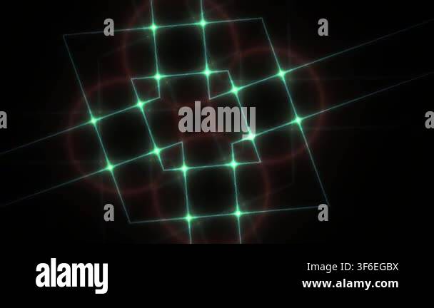 Glowing geometric shapes on black background with lines and lights ...