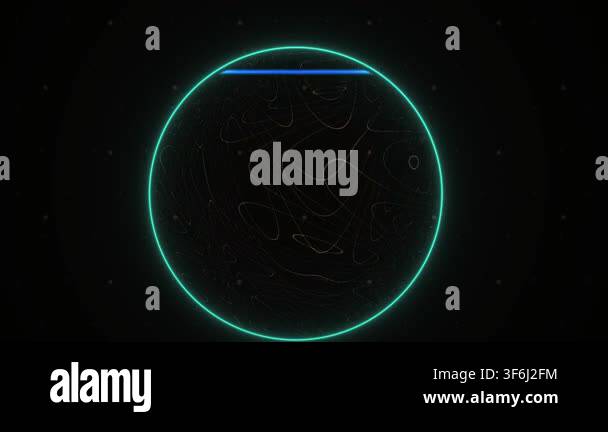 Glowing neon green circle with horizontal blue line on black background ...