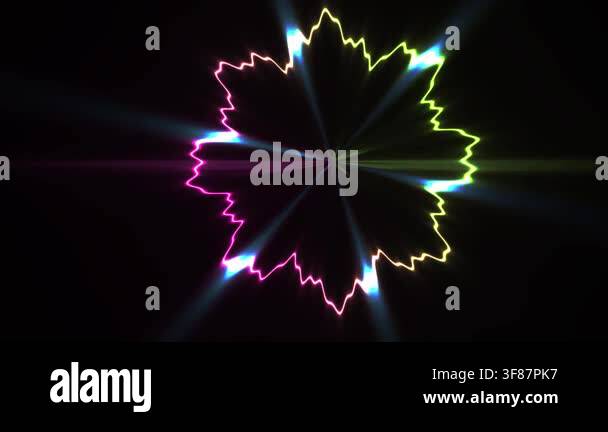 Glowing neon light trails forming a maple leaf shape on a dark ...