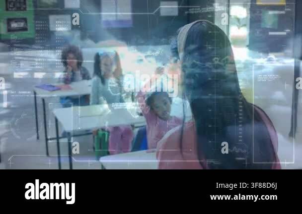 Teacher turning toward student raising hand, HUD map and data expanding ...