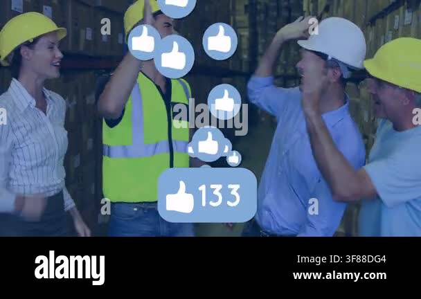 Like-count incrementing, warehouse team cheering and high-fiving in ...
