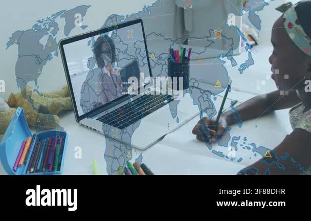 Girl writing watching laptop teacher showing book, global map overlay ...