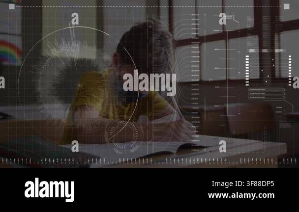Boy touching pen to workbook, HUD aligning with pen strokes, pausing ...